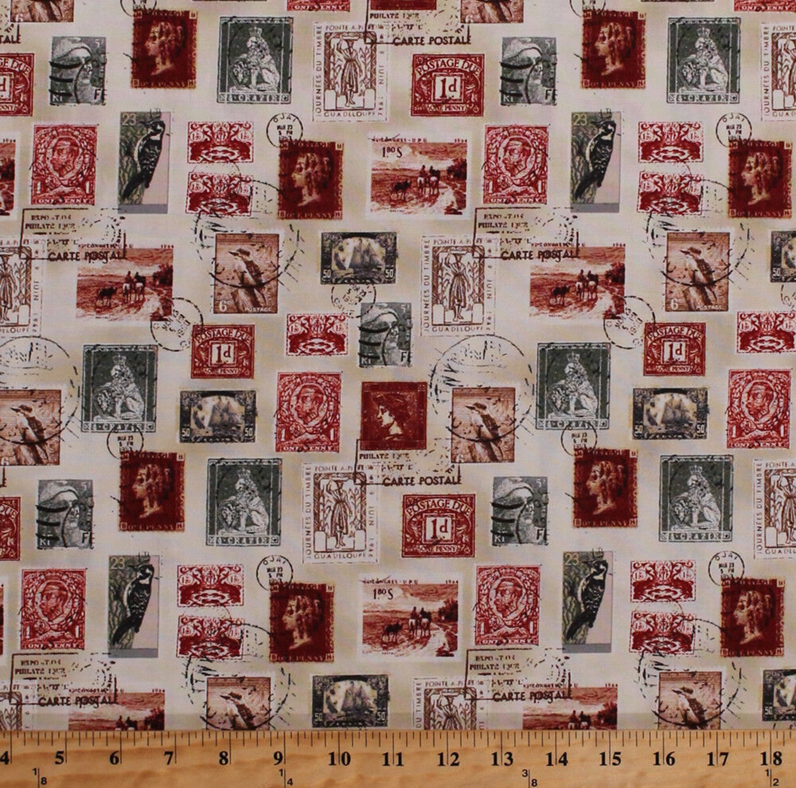 Cotton Vintage Postage Stamps Allover Birds Portraits Correspondence ...