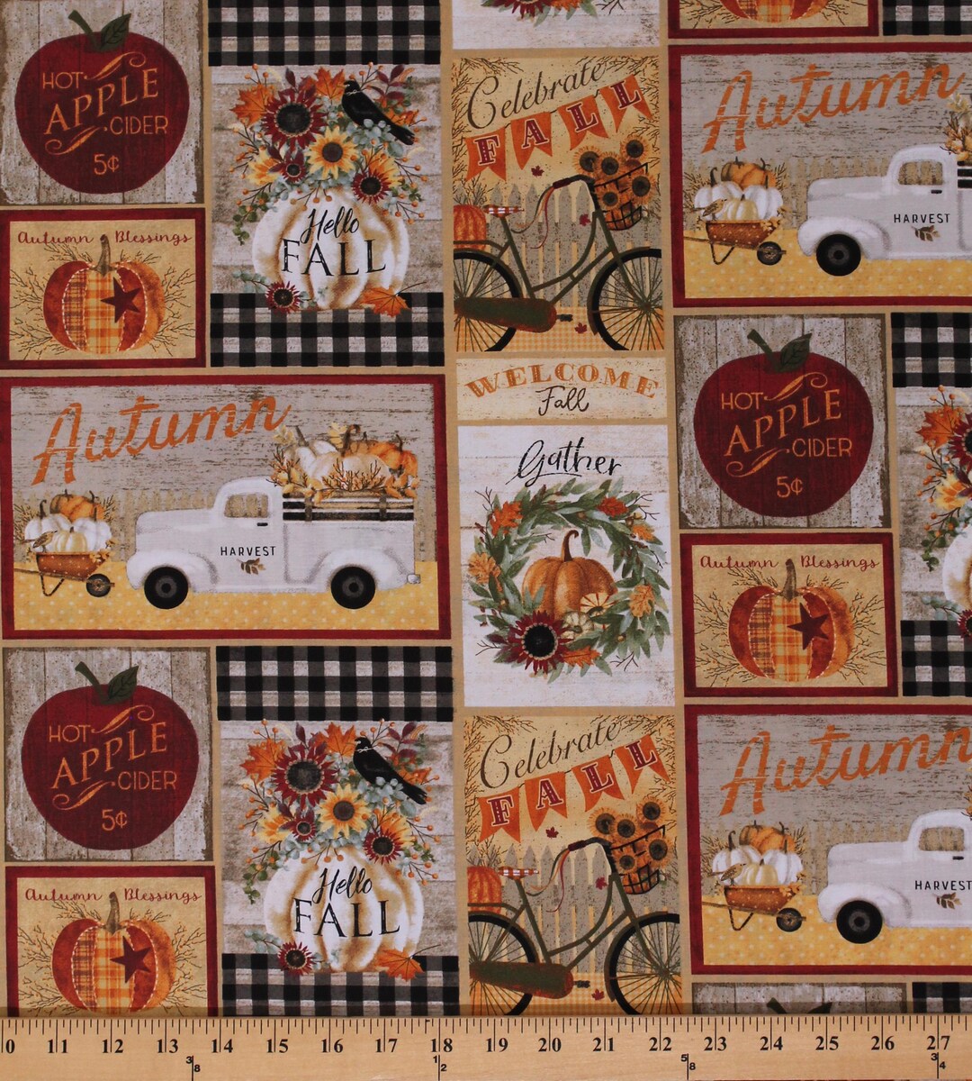 Cotton Fall Autumn Harvest Patchwork Look Pumpkins Farm Decor Trucks ...