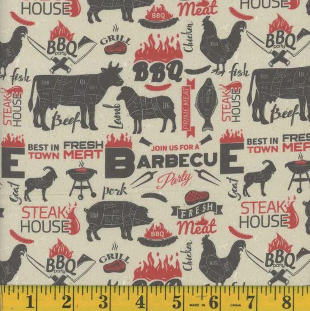 Cotton BBQ Food Cooking Grilling on Cream Cotton Fabric Print by the ...