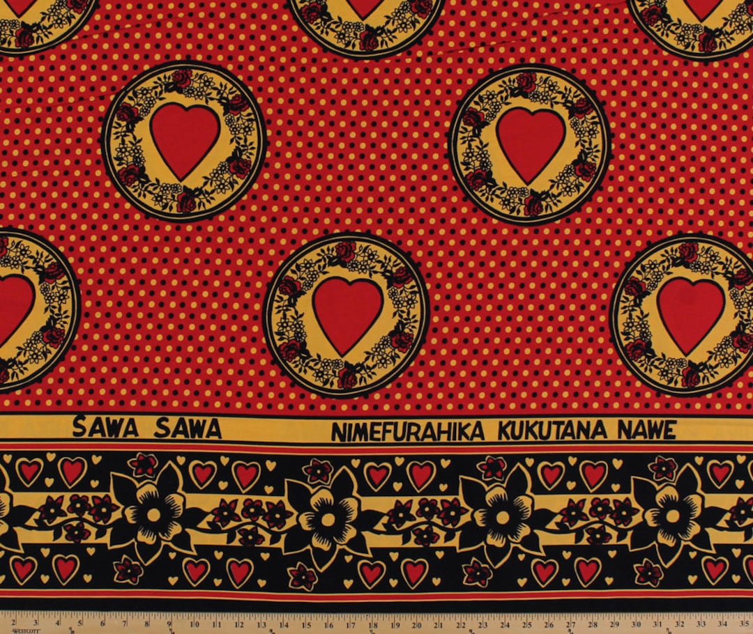 Cotton African Swahili Words Hearts Polka Dots Flowers Red Cotton ...