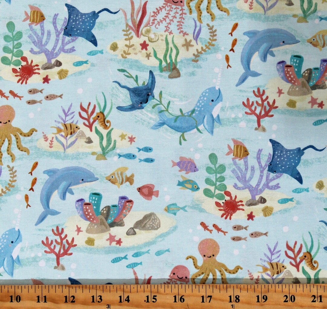 Cotton Cute Ocean Animals Nautical Fish Fishes Aqua Cotton Fabric Print ...
