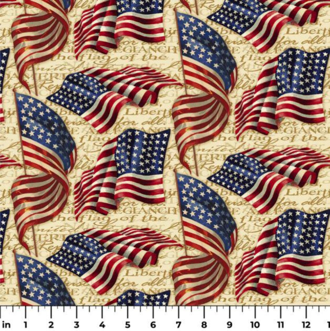 Cotton We Pledge Allegiance Liberty and Thread American Flags Wavy ...