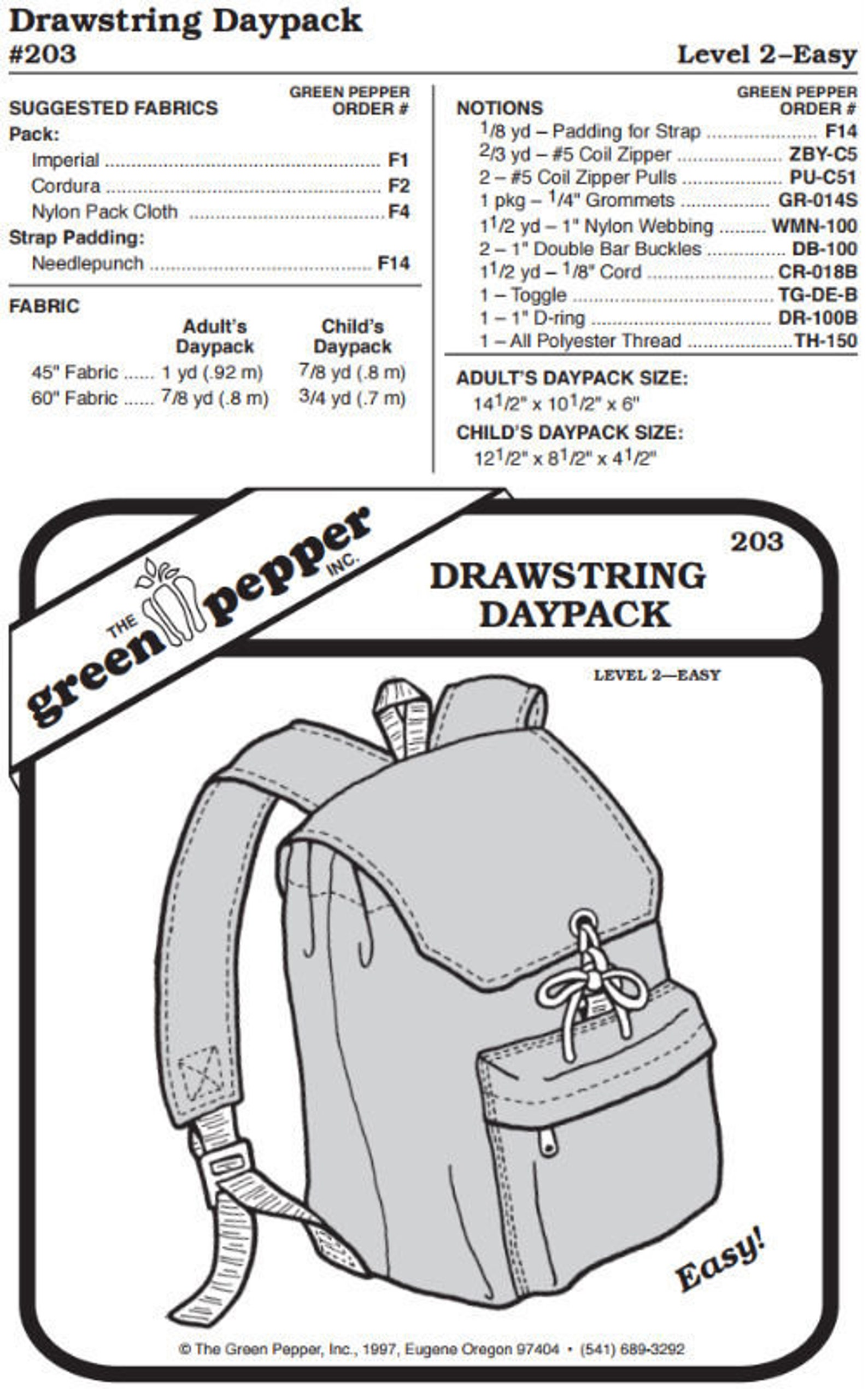 Green Pepper Drawstring Daypack Backpack Bag #203 Sewing Pattern ...