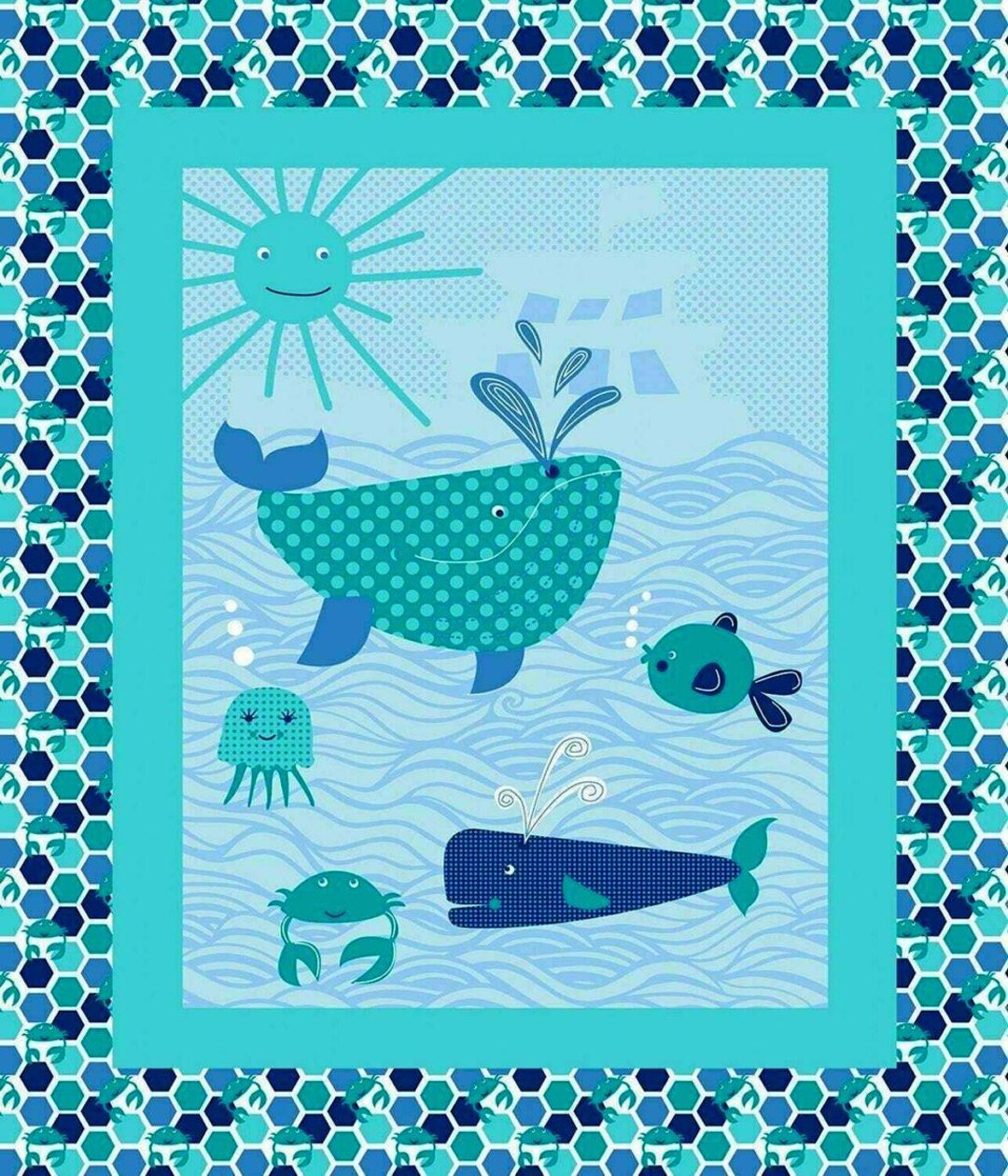 36" X 44" Panel Whales Jellyfish Crabs Ocean Life Animals Nautical Sea ...