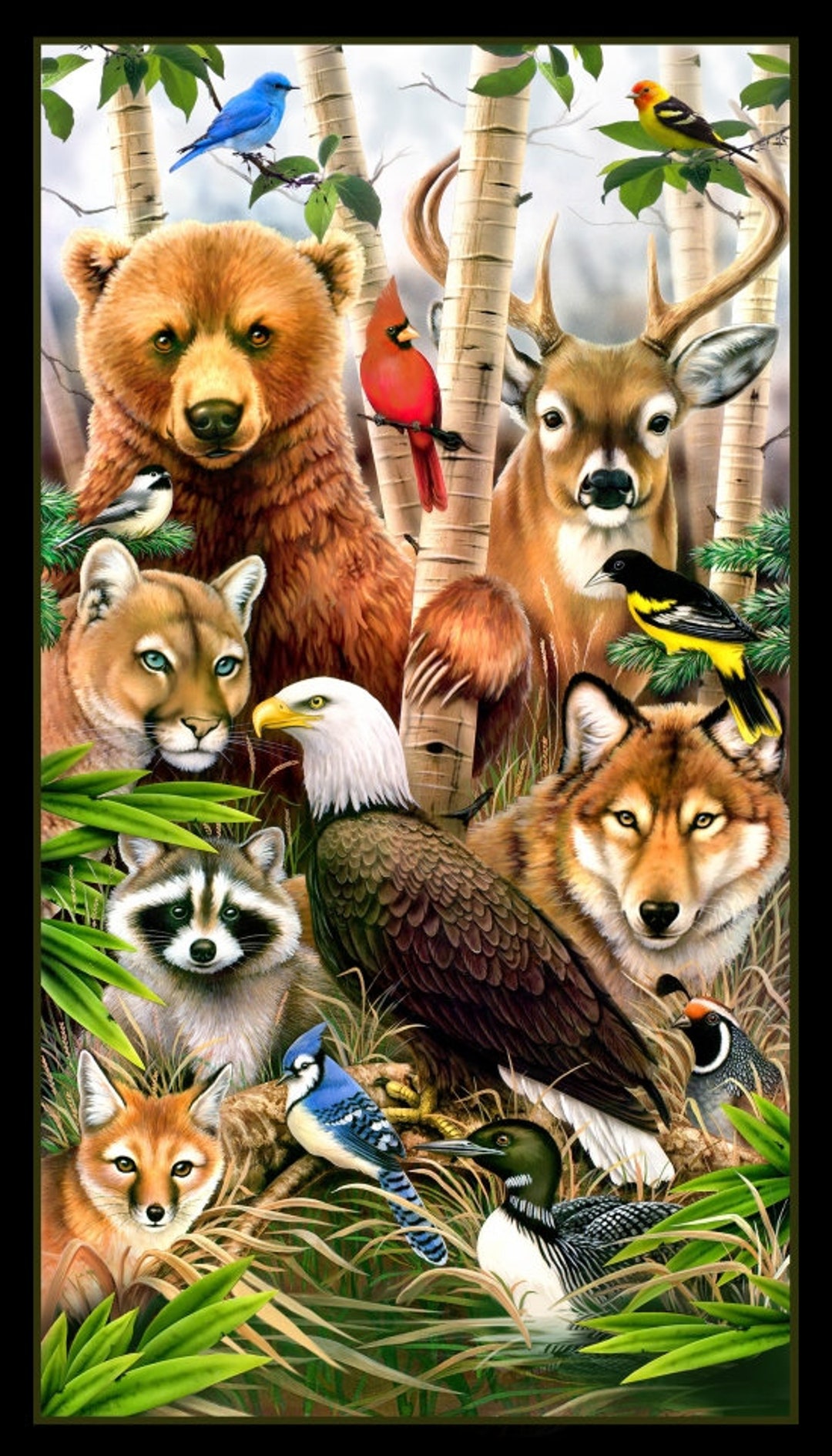 24" X 44" Panel Animals Woodland Animals Raccoon Foxes Eagles Bear Deer ...