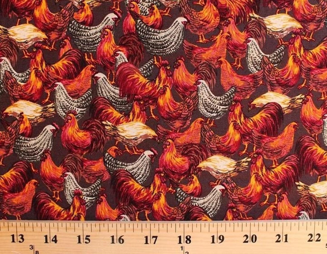 Cotton Chickens Roosters Hens Allover Brown Cotton Fabric Print by the ...