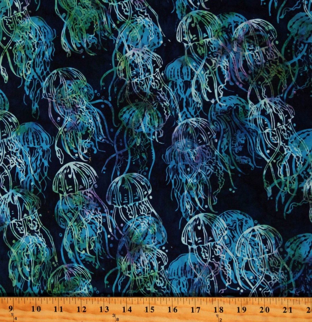 Cotton Batik Jellyfish Aquatic Animals Ocean Water Fish Creature Navy ...