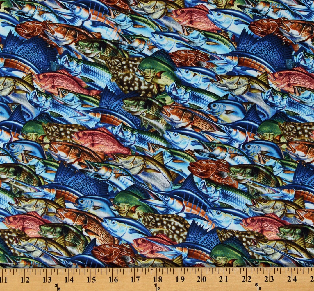 Cotton Fish Packed Fishing Sailfish Reel Fun Cotton Fabric Print by the ...