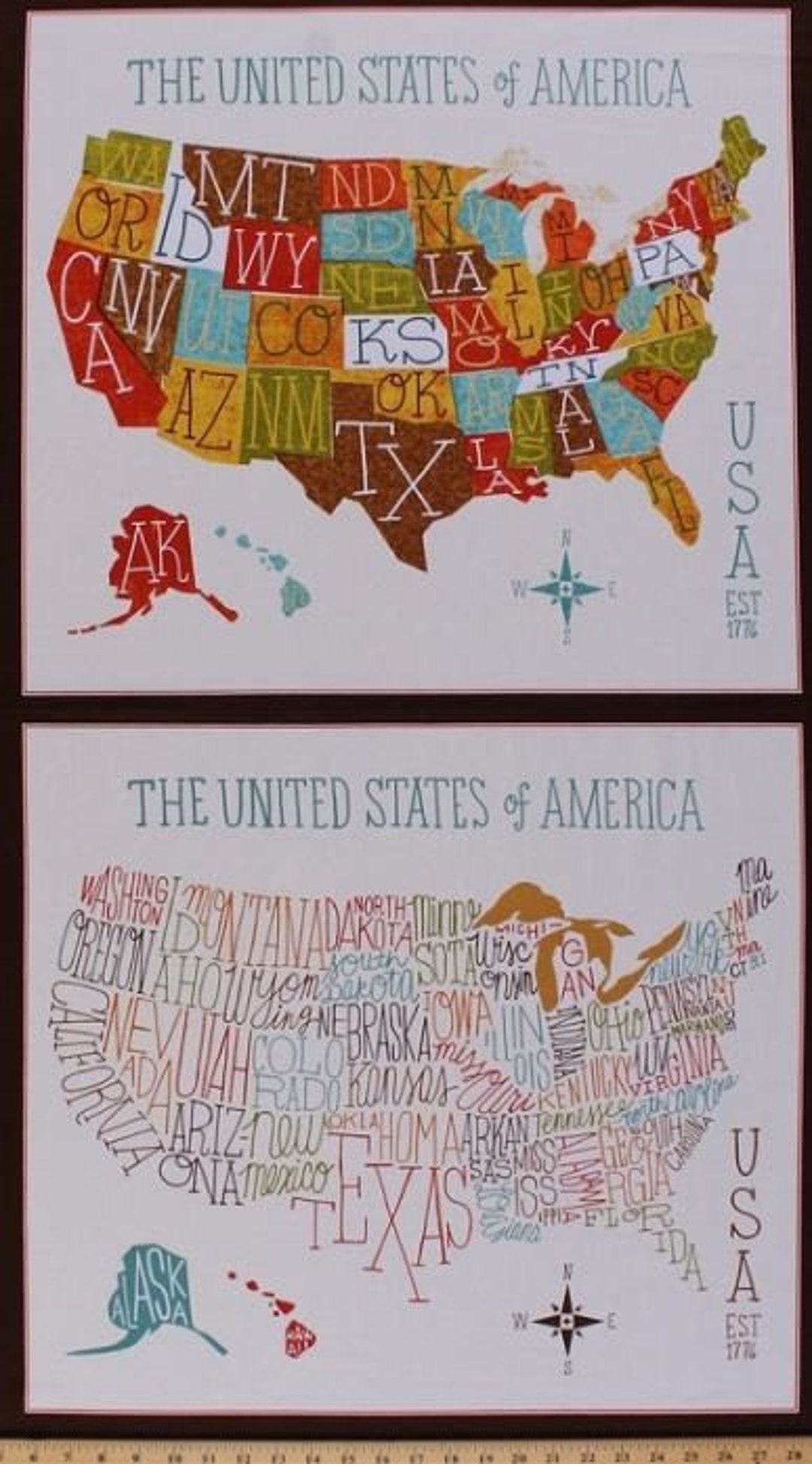 23.5" X 44" Panel Explore America USA State Name Abbreviations States ...
