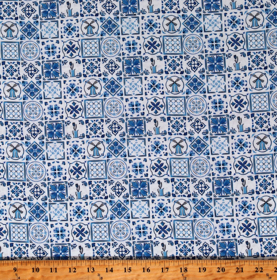 Cotton Delftware Delft Pottery Dutch Tiles Holland Windmill Whimsy Blue ...