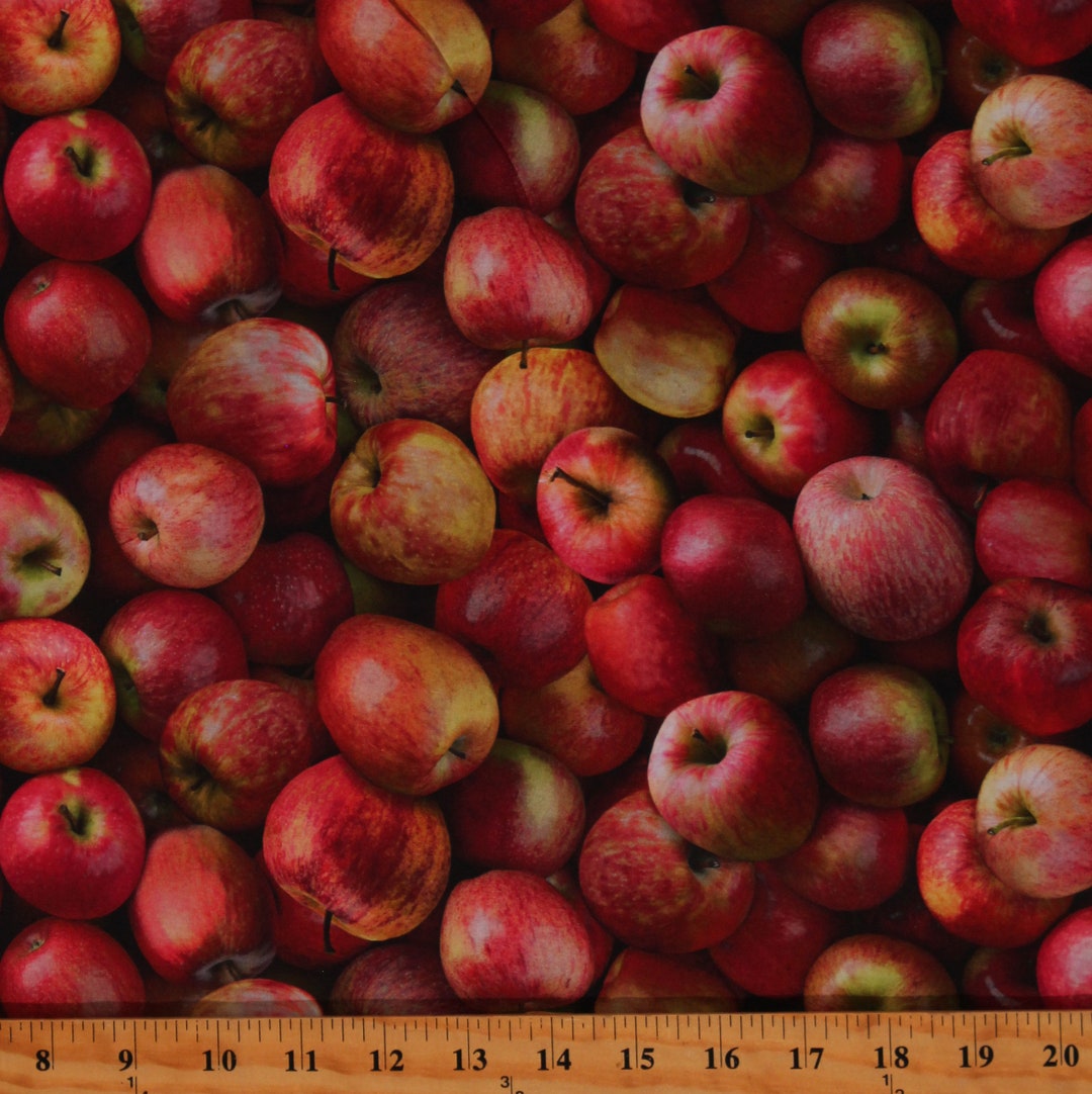 Cotton Apples Fruits Food Red Shinny Produce Red Cotton Fabric Print by ...