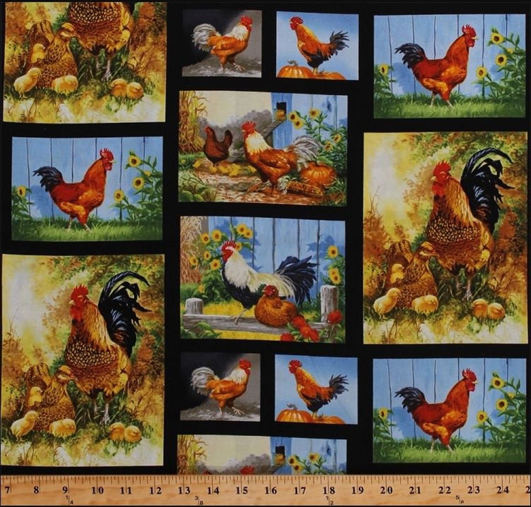 Cotton Chickens Roosters Chicks Blocks Squares Poultry Hens Country ...