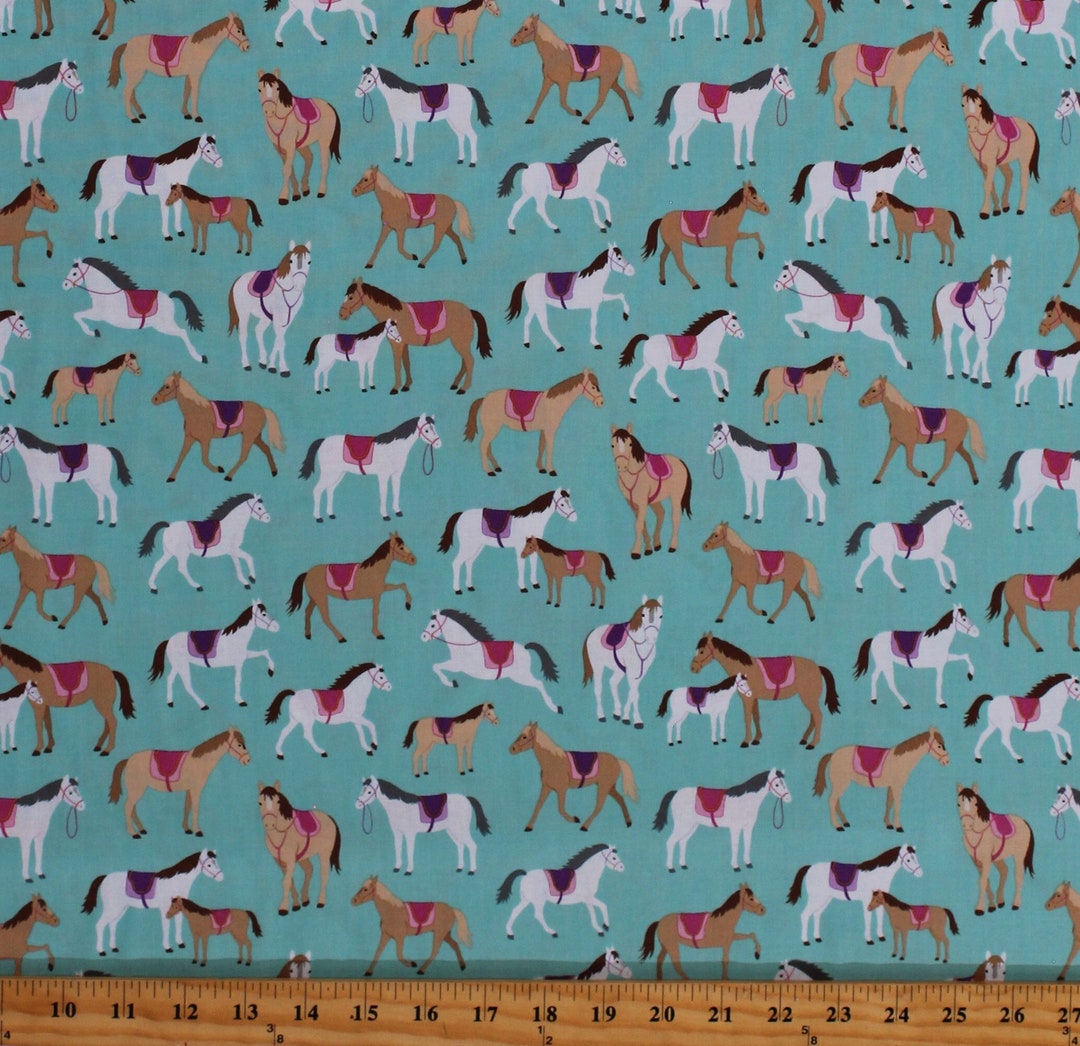 Cotton Horses Equestrian Animals Dreamland Kids Turquoise Cotton Fabric ...