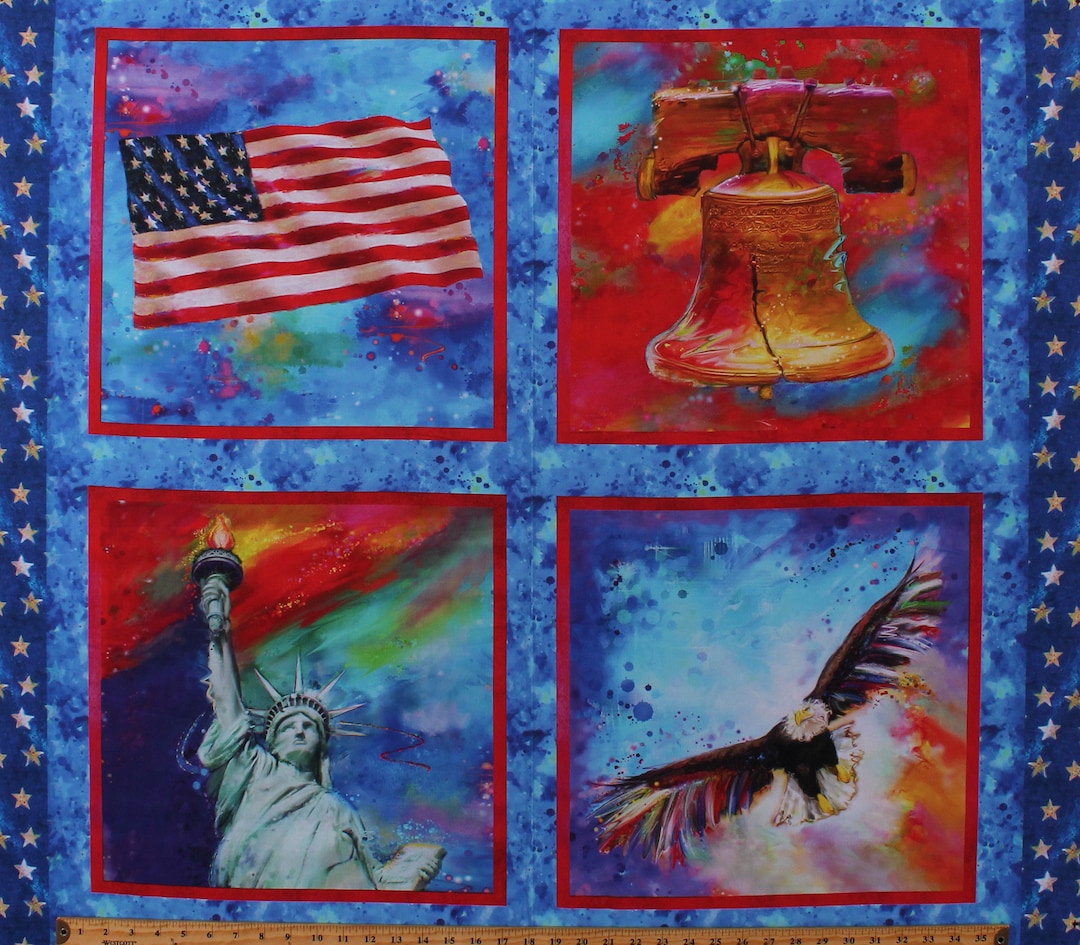 35.5" X 43" Panel American Icons Liberty Bell Statue of Liberty ...