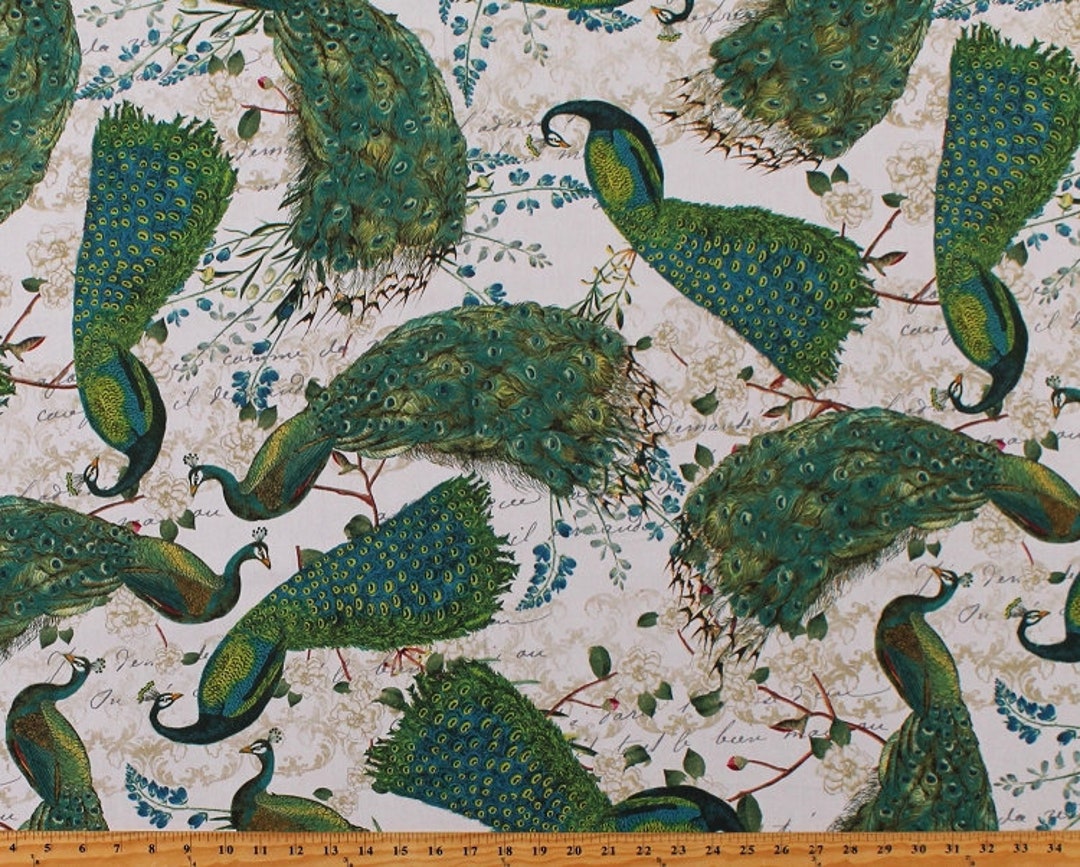 Cotton Peacocks Birds Feathers Plumes Plumage French Script on Beige ...