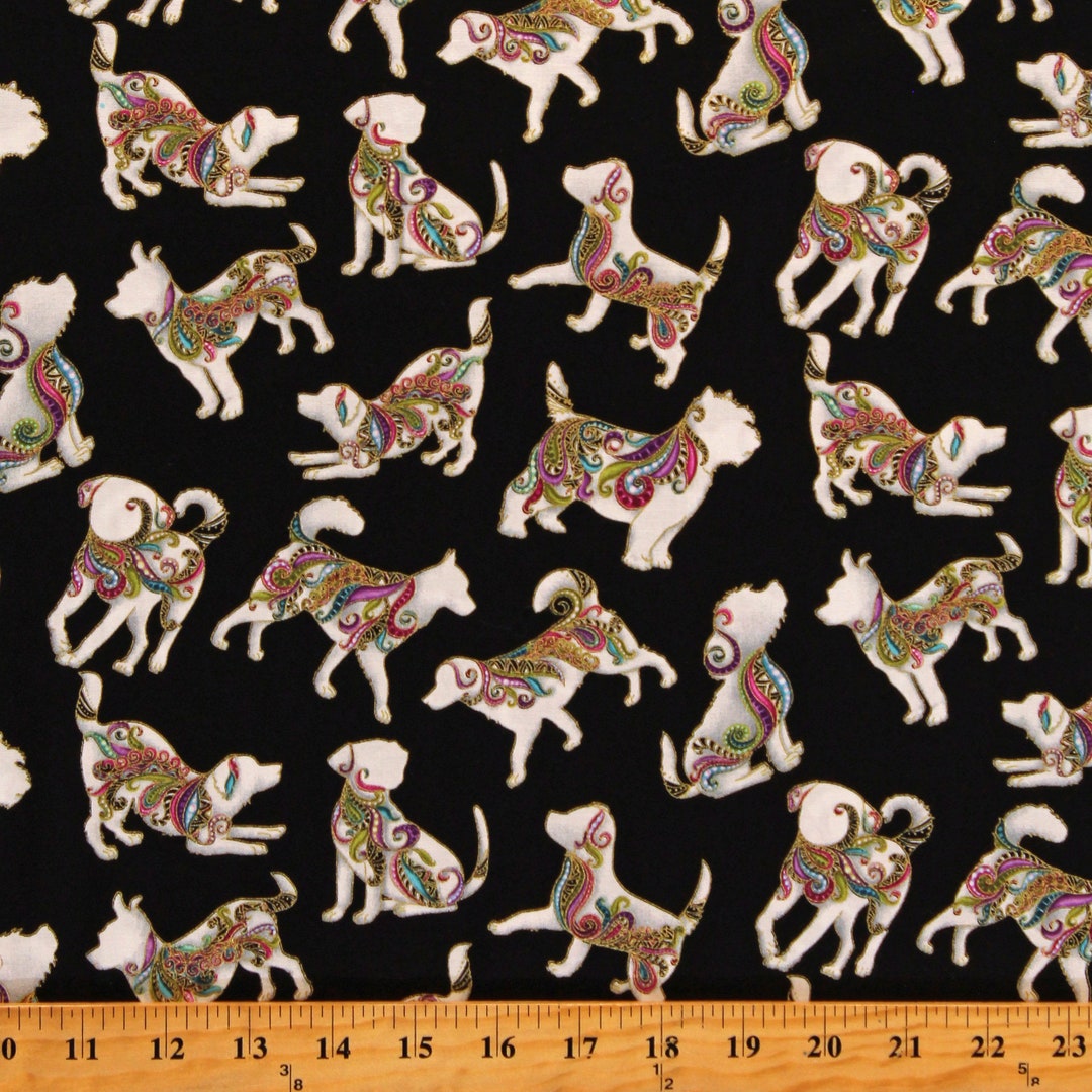 Cotton Colorful Dogs Whimsical Puppies Hot Diggity Dog on It Black ...