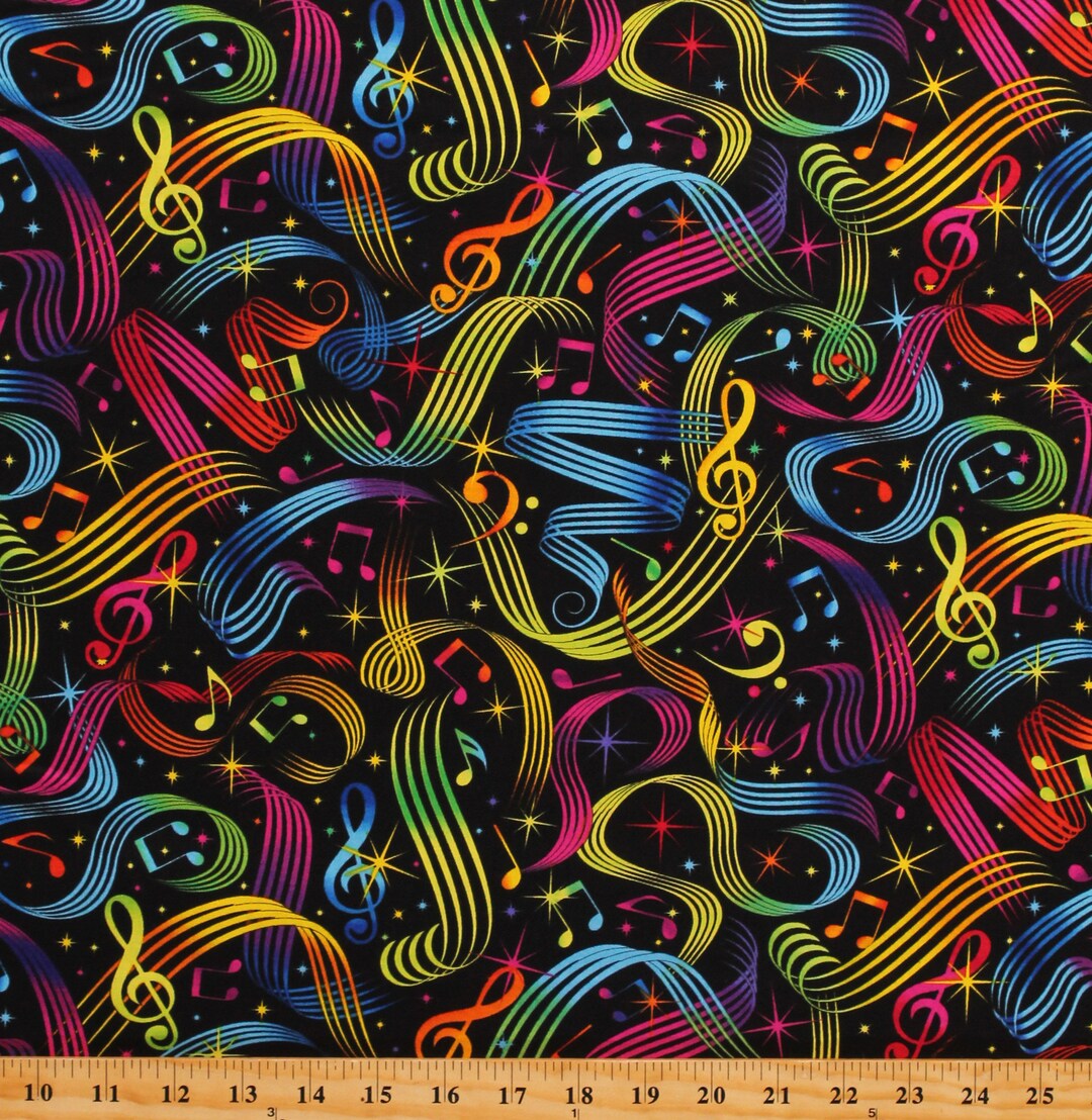 Cotton Music Notes Treble Cleft Rainbow Score Black Cotton Fabric Print ...