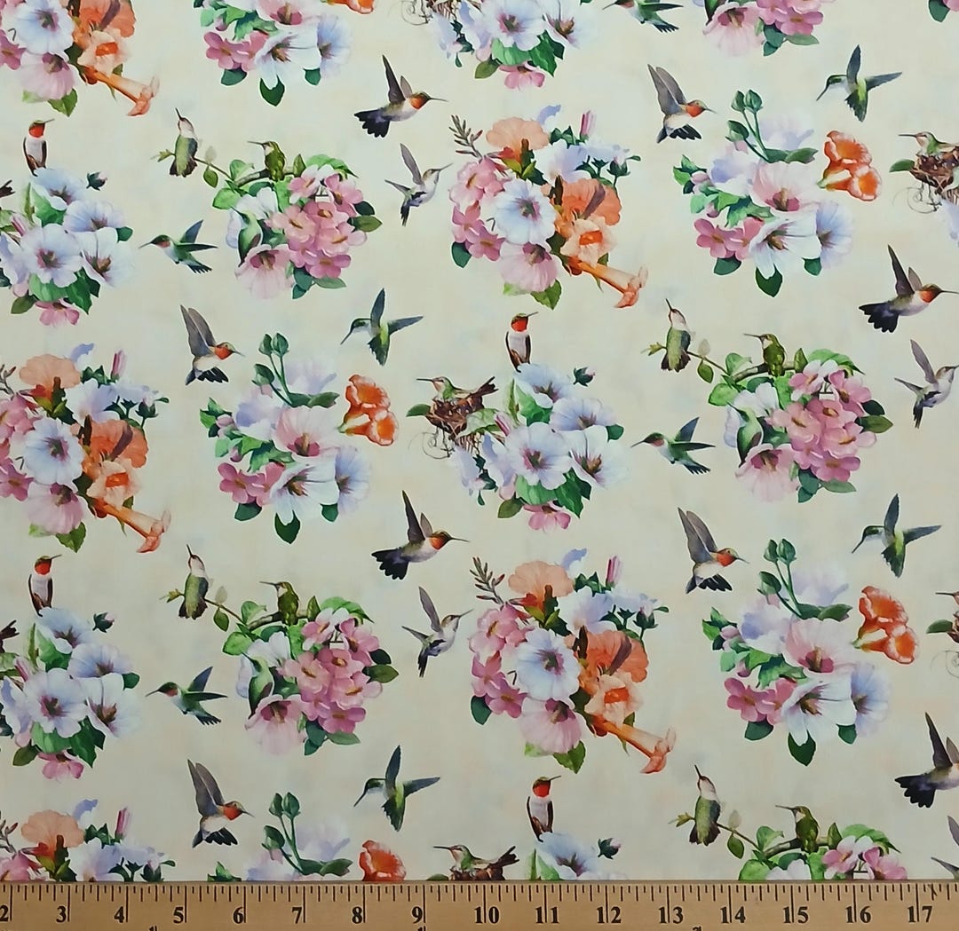 Cotton Flowers Floral Dating Game Hummingbirds Animals Birds Cream ...