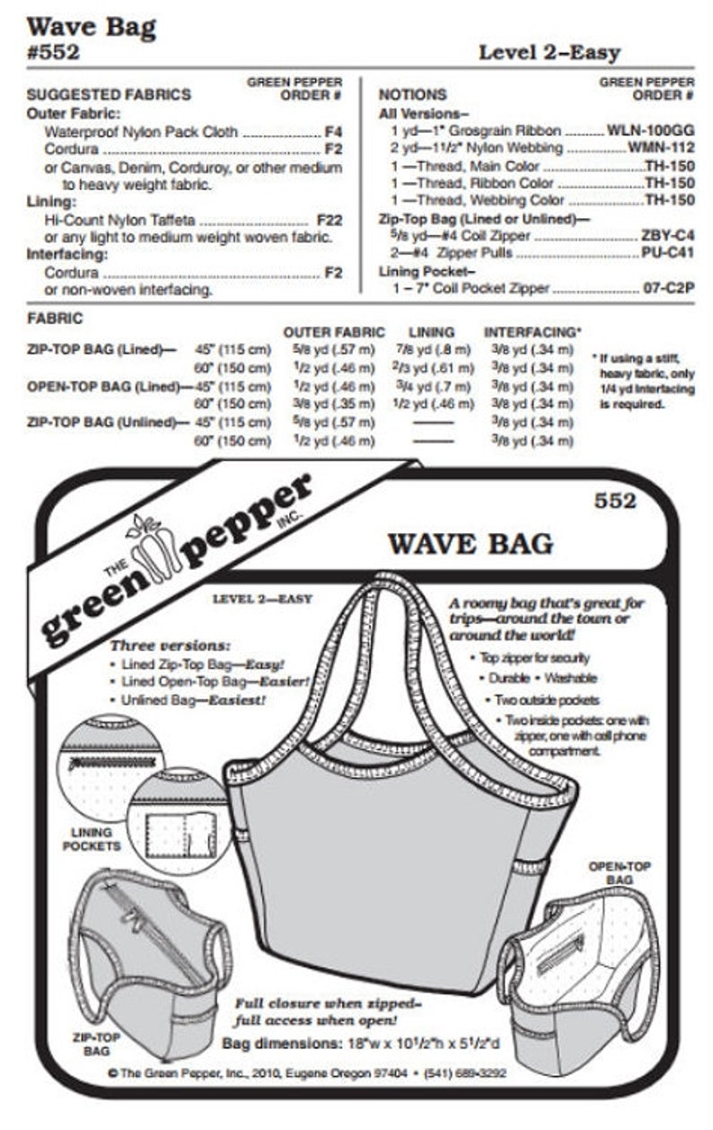 Wave Bag Carry All Purse Pack Tote #552 Sewing Pattern (pattern Only ...