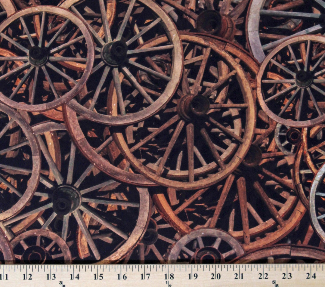 Cotton Old Wagon Wheels Allover Wooden Country Rustic Cotton Fabric ...