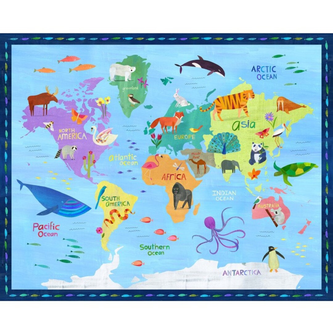 36" X 44" Panel Animals Around the World Globe Map Continents Birds ...