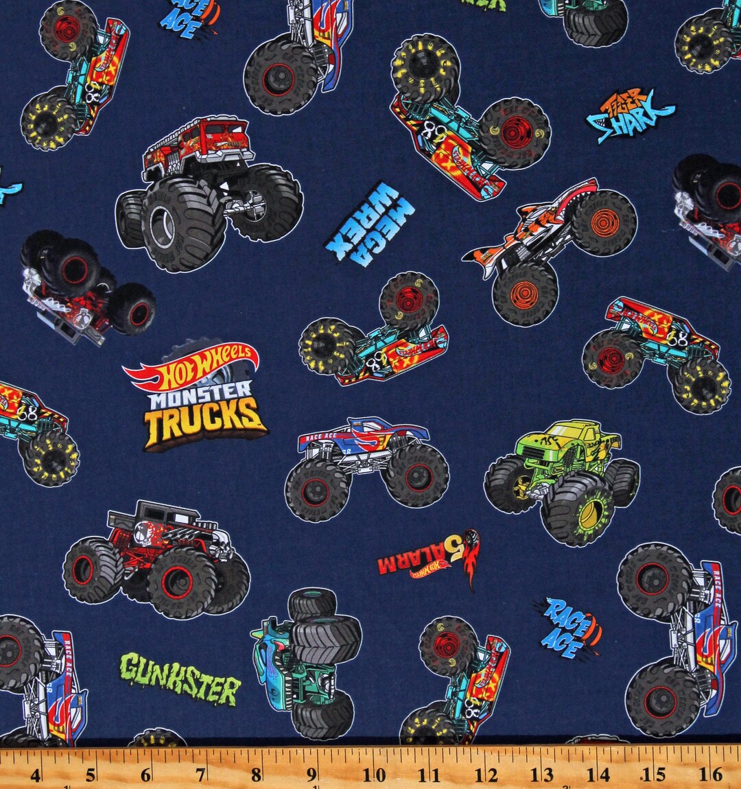 Cotton Hot Wheels Monster Trucks Vehicles Kids Navy Cotton Fabric Print ...
