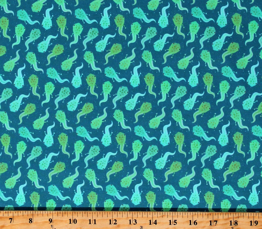 Cotton Tadpoles Swimming Animals Backyard Bugs Teal Cotton Fabric Print ...