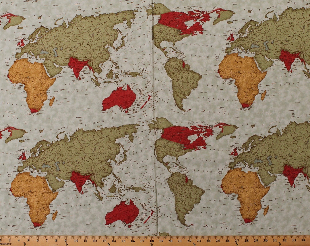 Cotton Map of the World Multi-color Vintage-look Countries Continents ...