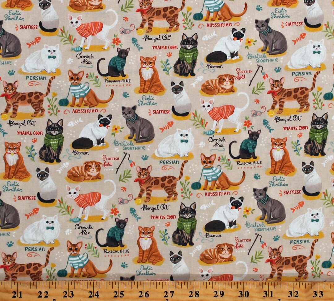 Cotton Cats Pets Animals Cat Breeds Chart Beige Cotton Fabric Print by ...