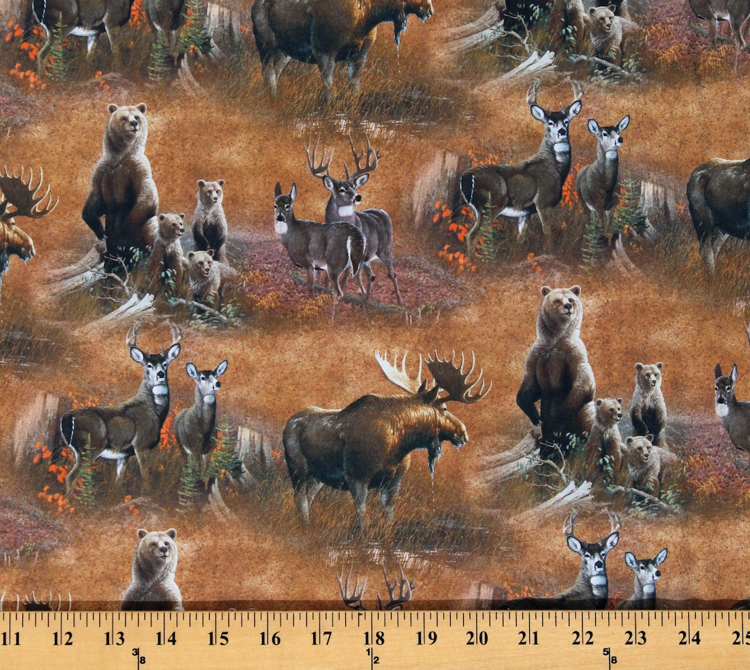 Cotton Woodland Animals Deer Bears Moose Scenic Wildlife Wild Wings ...