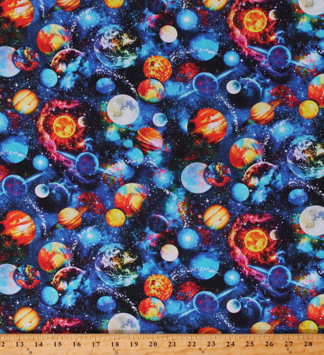 Cotton Space Planets Stars Solar System Blue Cotton Fabric Print by the ...