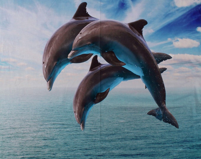 37 X 44 Panel Three Dolphins Jumping Ocean Beach Summer Blue Cotton ...