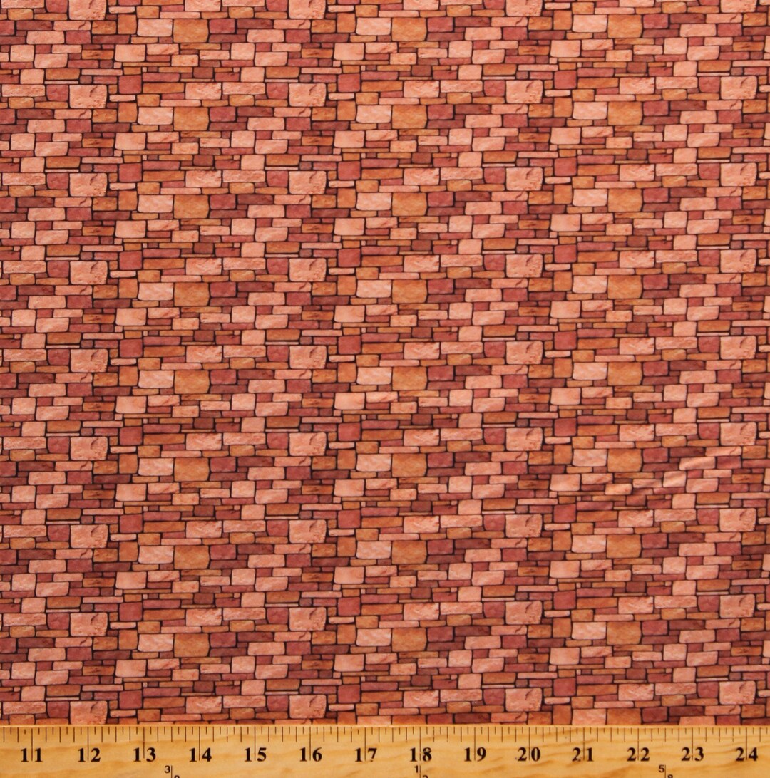 Cotton Bricks Rock Wall Geometric Squares Brown Cotton Fabric Print by ...