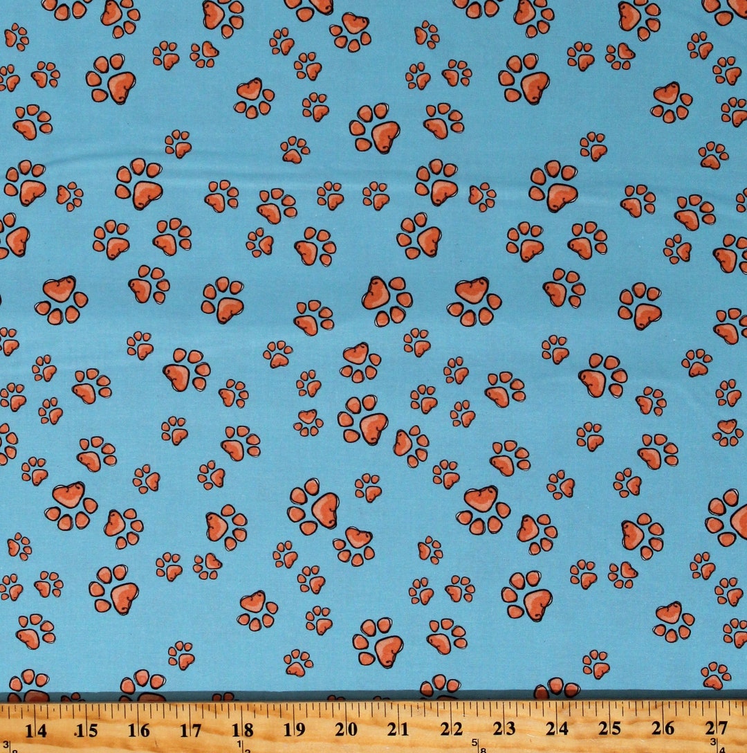 Cotton Pawprints Paw Prints Dogs Animals Fun Paws Turquoise Blue Cotton ...