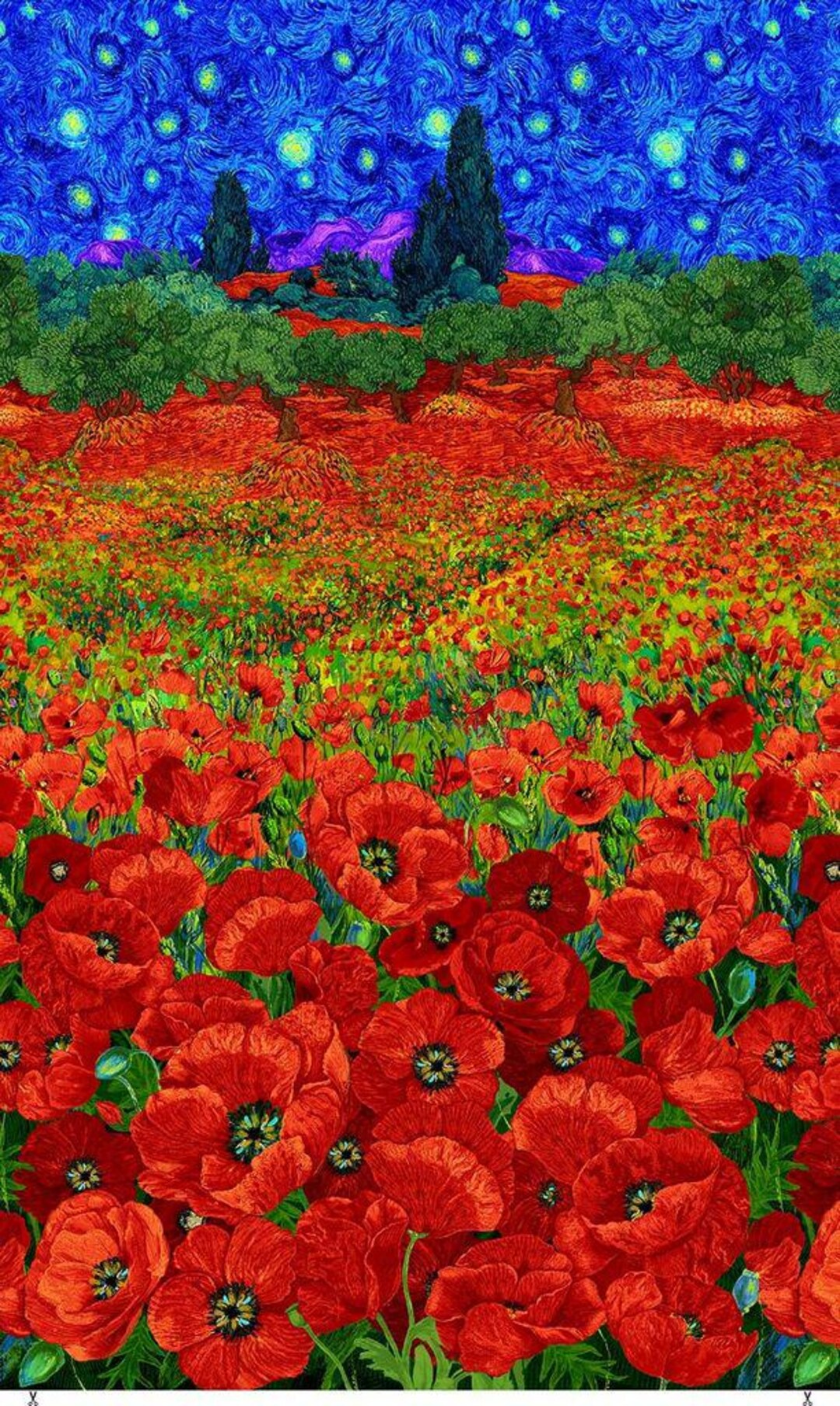 24" X 44" Panel Poppies Flowers Floral Fields Plants Multicolor Cotton ...