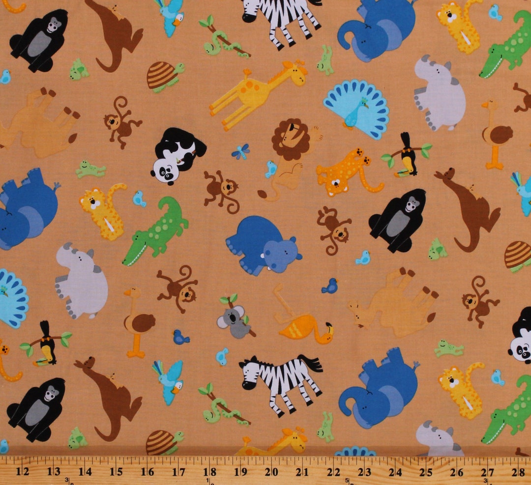 Cotton Zoo Animals Kids Giraffe Tiger Monkey Brown Cotton Fabric Print ...