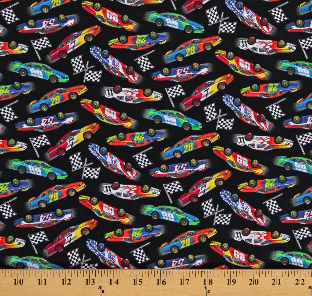 Cotton Racecars Race Car Driving Racing in Motion Black Cotton Fabric ...