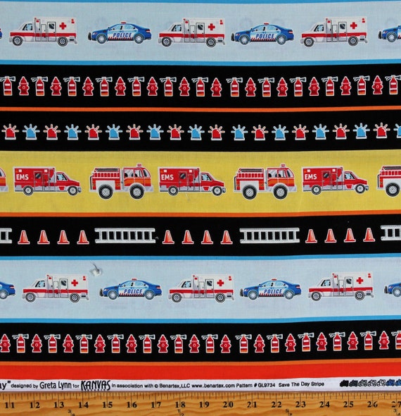 Cotton Emergency Vehicles Stripe Police Cars Firetrucks - Etsy