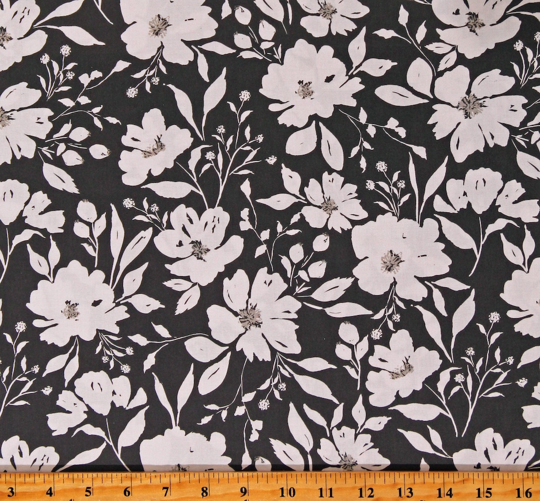 Cotton Floral Light Cream Flowers on Charcoal Gray Evermore Clothworks ...