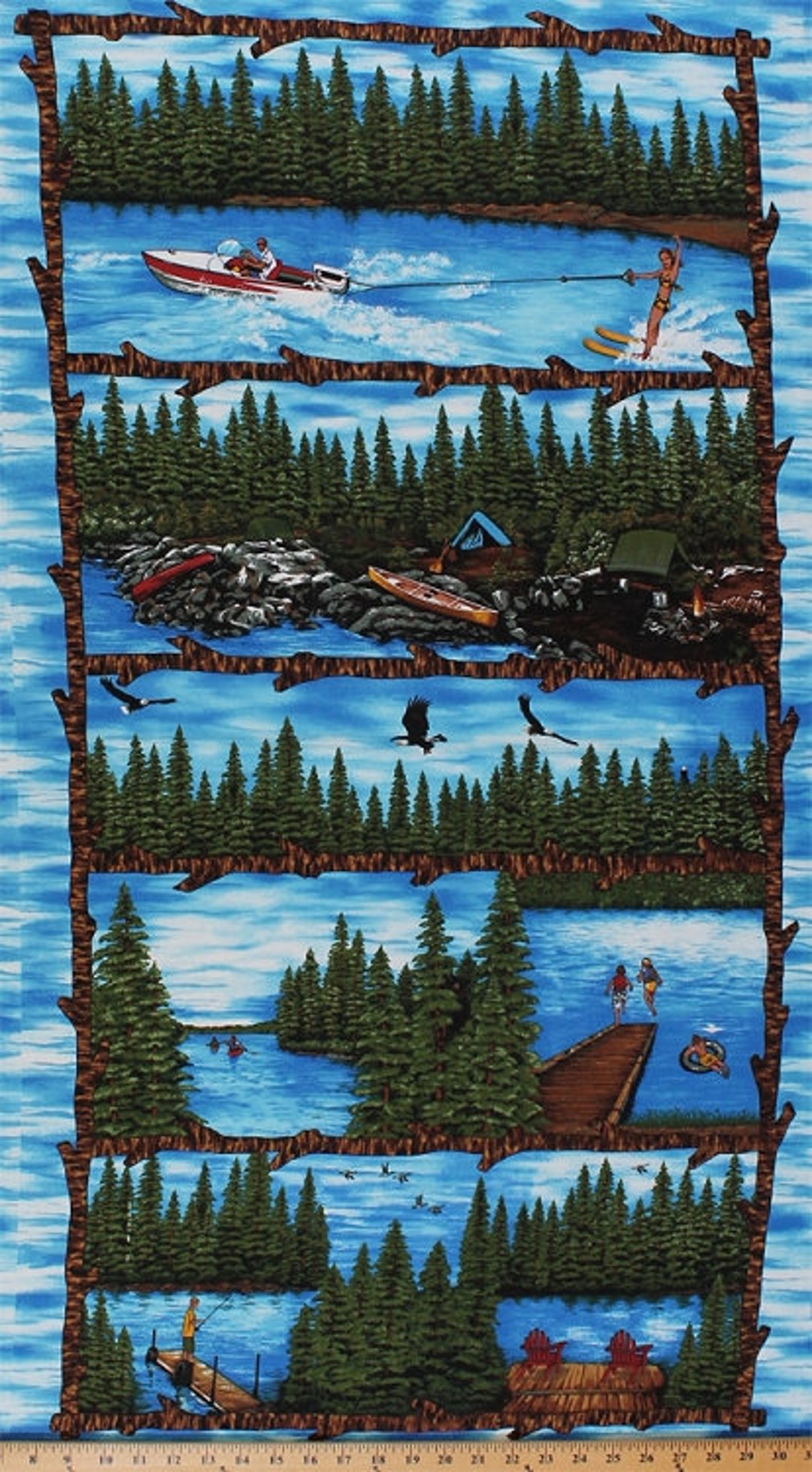 23.5" X 44" Panel Summer Vacation Scenes Cabins Pine Trees Eagles ...