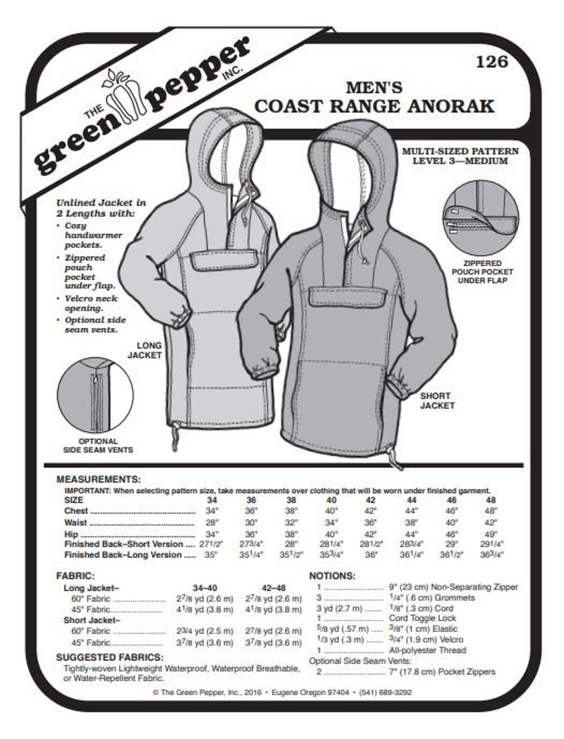Men's Coast Range Anorak Jacket Coat #126 Sewing Pattern (pattern Only ...