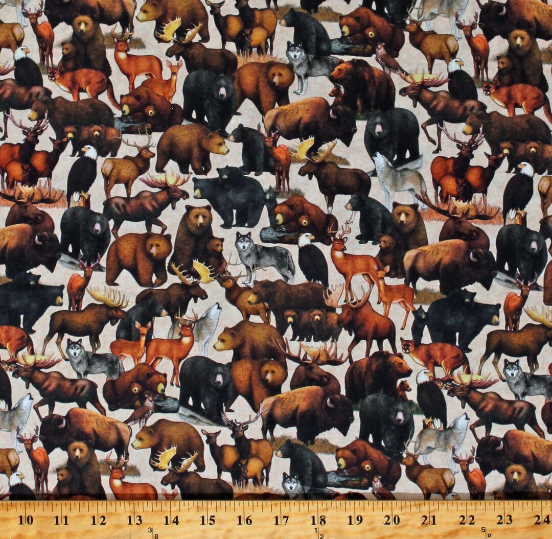 Cotton Northwoods Animals Bears Wolves Deer Moose Elk Eagles Woods ...