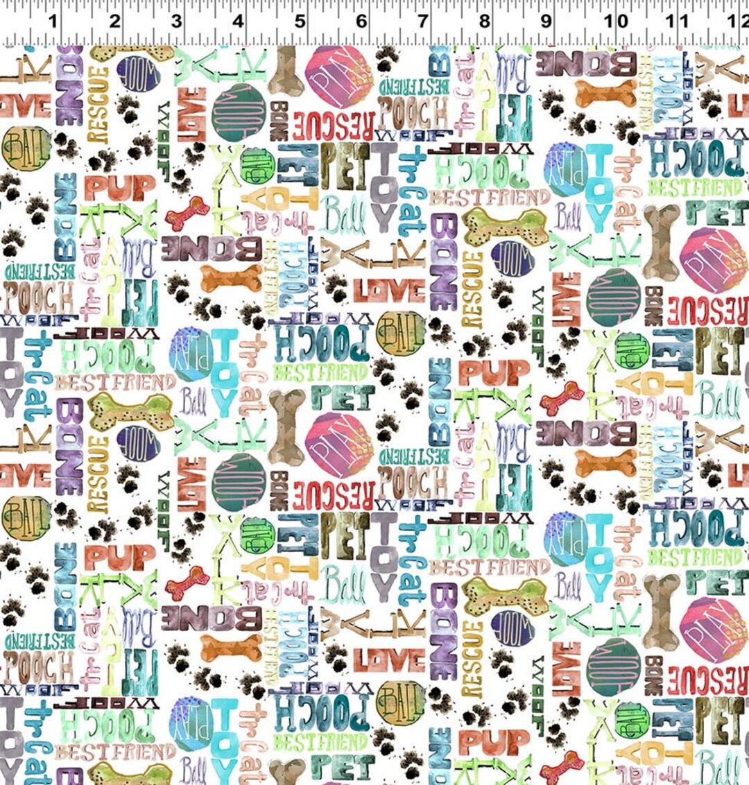 Cotton Best Friends Dogs Puppies Toys Bones Words Scripts Clothworks ...