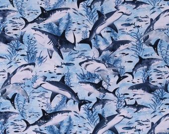 Sharks Fabric Rotated Sharks Shark Grey on Aqua Blue Tiny - Etsy