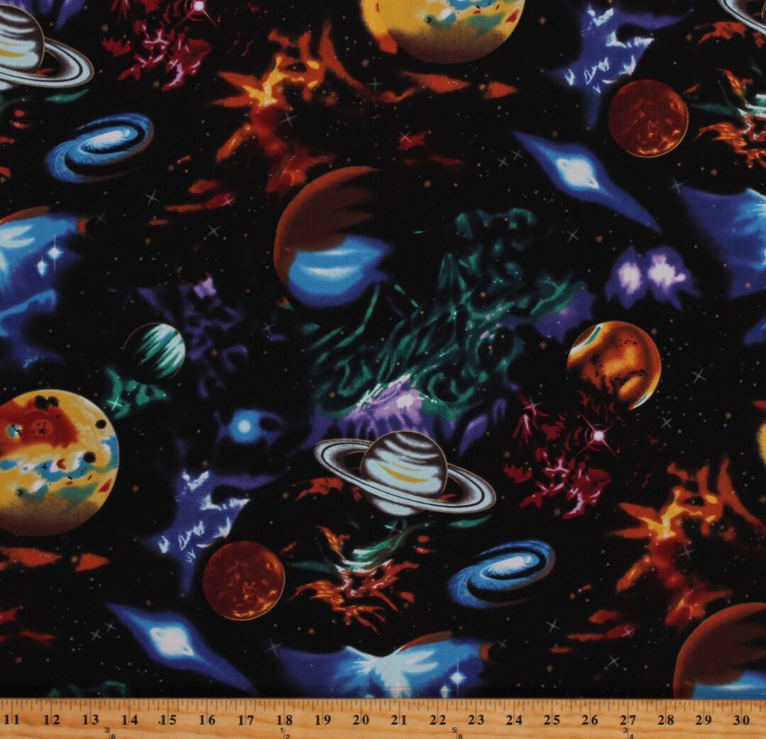 Cotton Outer Space Planets Stars Galaxy Stargazers Black Cotton Fabric ...