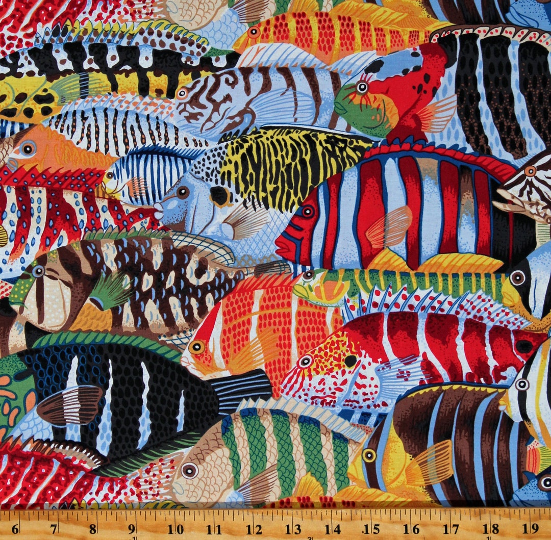 Cotton Fish Fishes Ocean Animals Nautical Treasure Island Multicolor ...