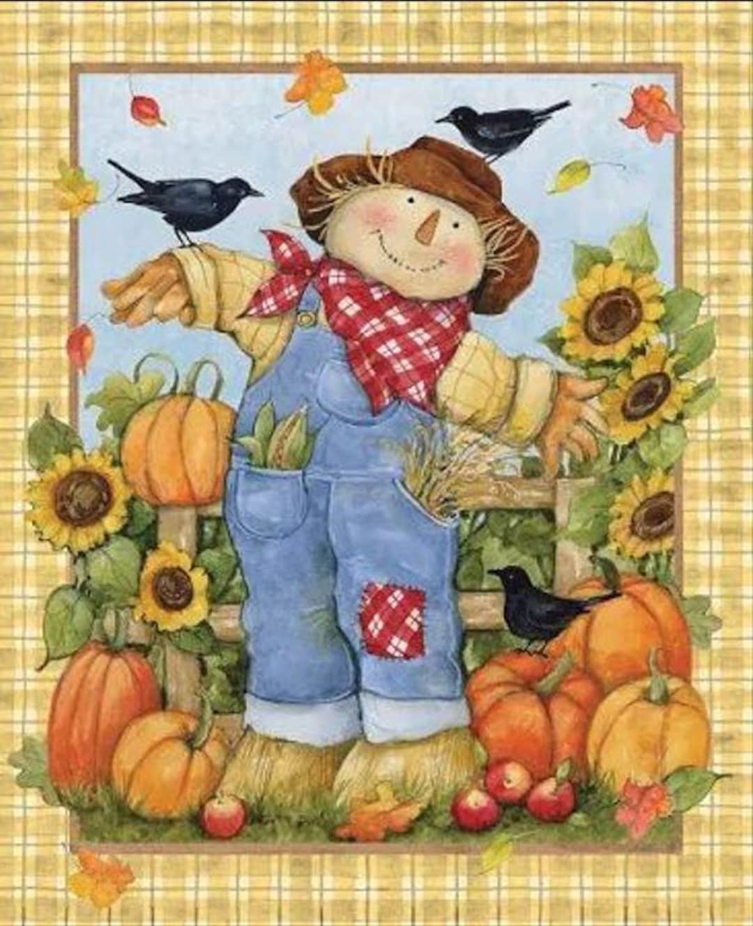 36" X 44" Panel Scarecrow Autumn Fall Leaves Harvest Time Sunflowers ...