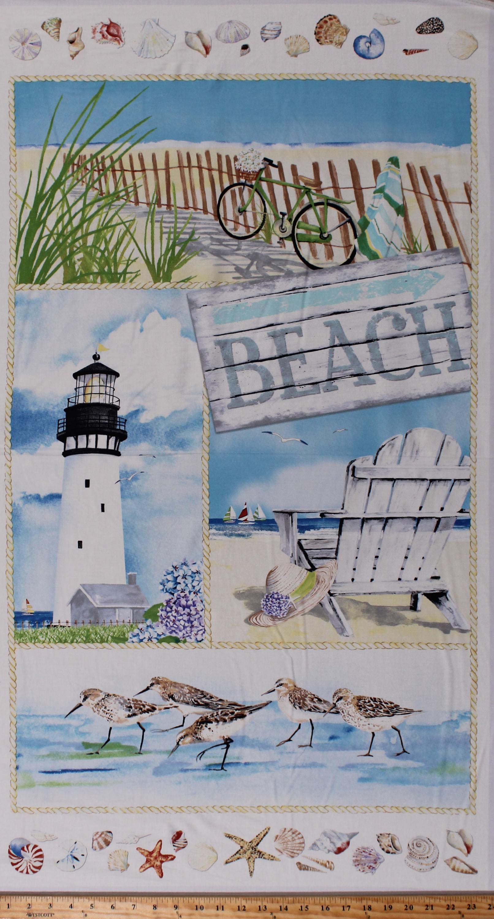 24" X 44" Panel Beach Scenery Lighthouse Sandpipers Seashells Sailboats ...