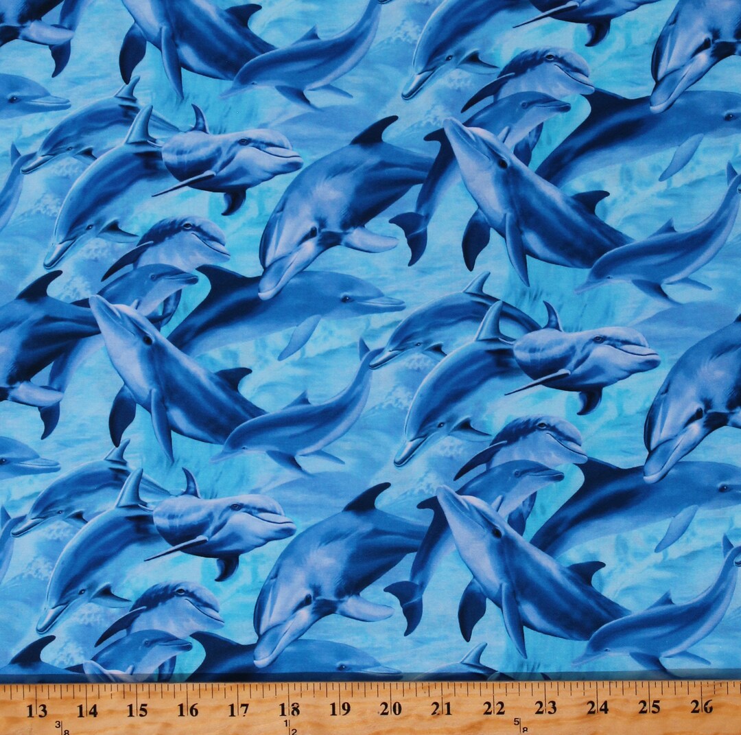 Cotton Dolphins Animals Aquatic Water Ocean Creatures Sea Blue Cotton ...