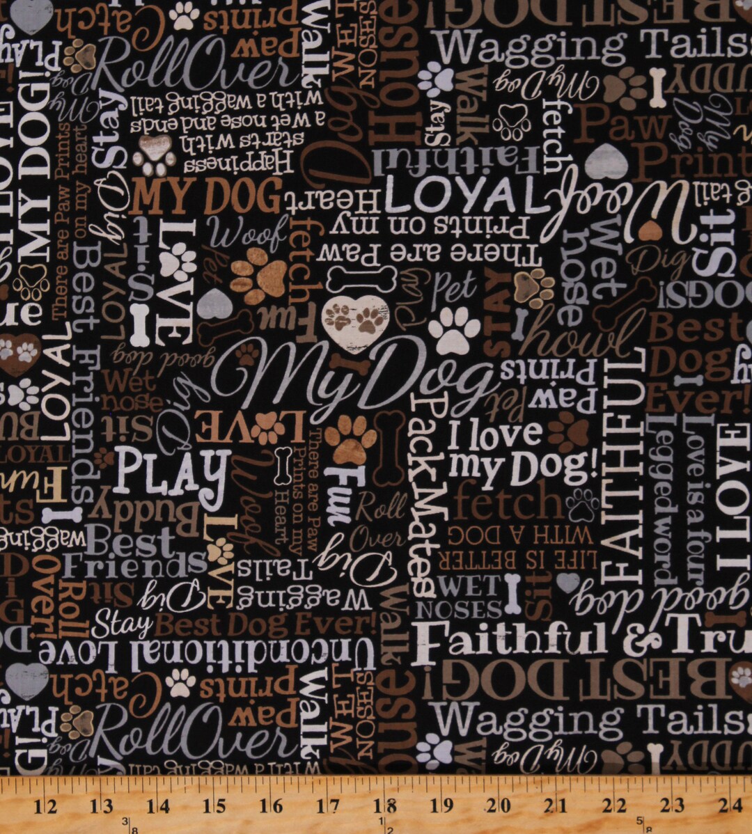 Cotton Dogs Words Attributes Animals Puppies Puppy Black Cotton Fabric ...